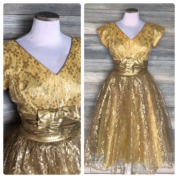 Dresses | Vintage 195s Metallic Gold Yellow Lace Overlay Party Dress ...